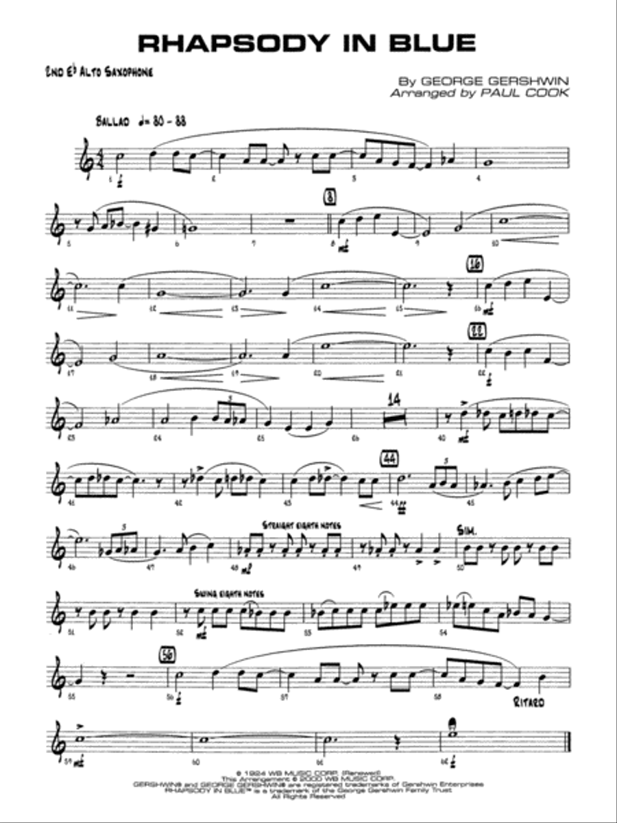 Rhapsody In Blue 2nd E Flat Alto Saxophone By George Gershwin Jazz