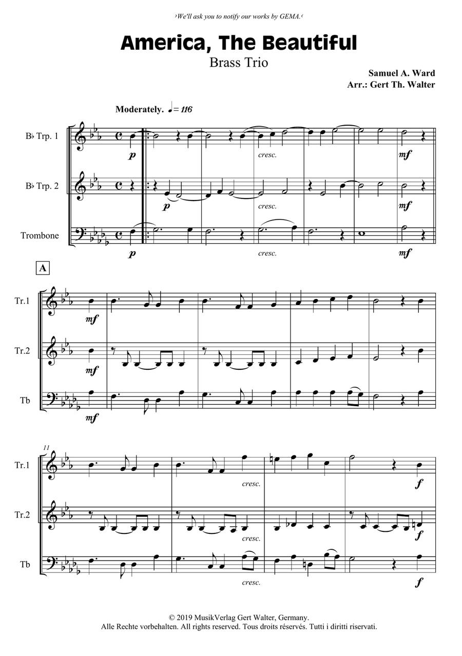 America, The Beautiful by Samuel Ward - Trombone - Digital Sheet Music ...