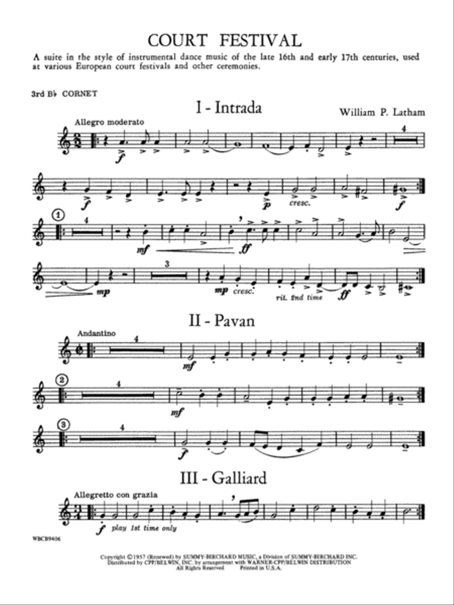 Court Festival (Suite for Concert Band): 3rd B-flat Cornet by William P ...