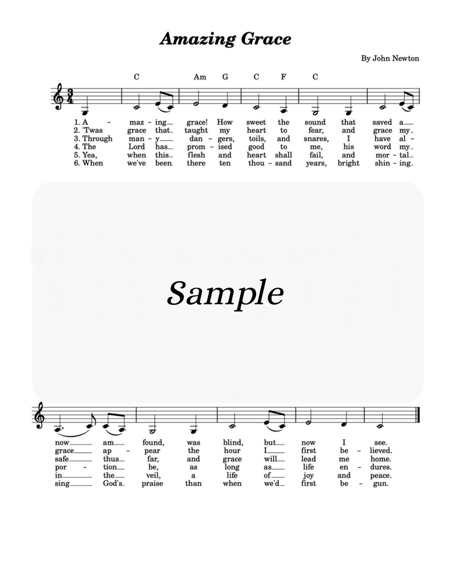 Amazing Grace (Lead Sheet in C Major) by John Newton - Piano, C ...