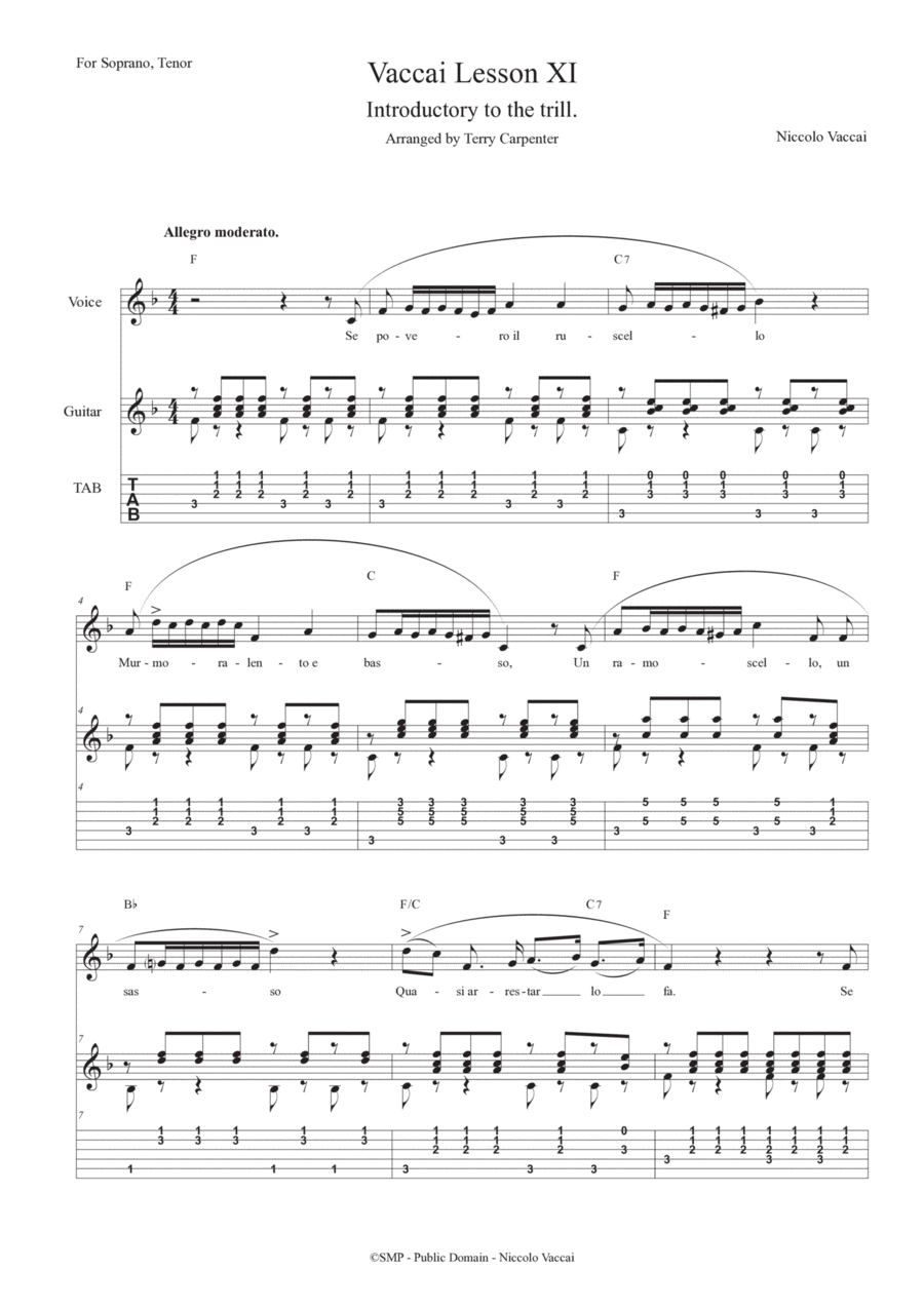 Vaccai - Lesson 11 The trill. For tenor and soprano voice with guitar ...