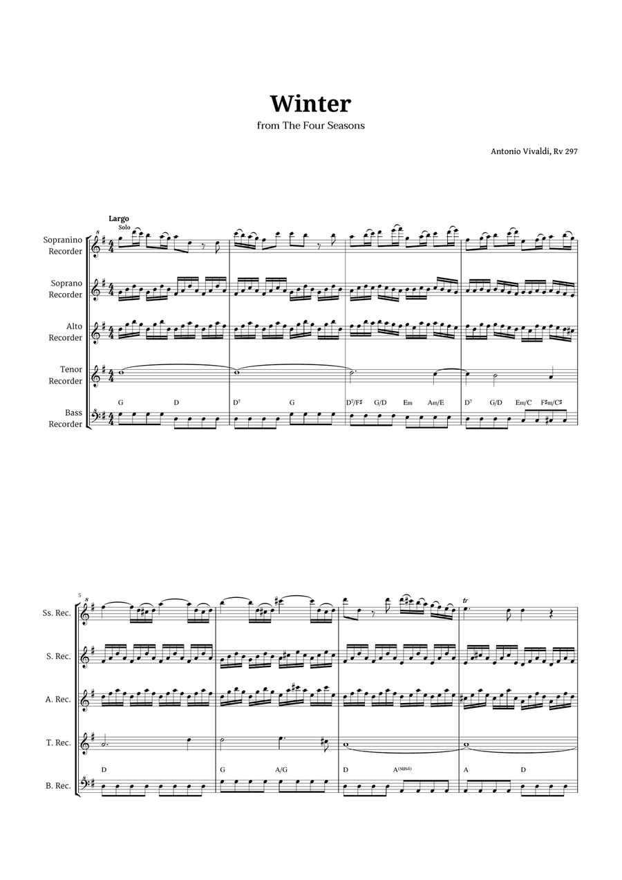 Largo from Winter by Vivaldi for Recorder Quintet with Chords by ...
