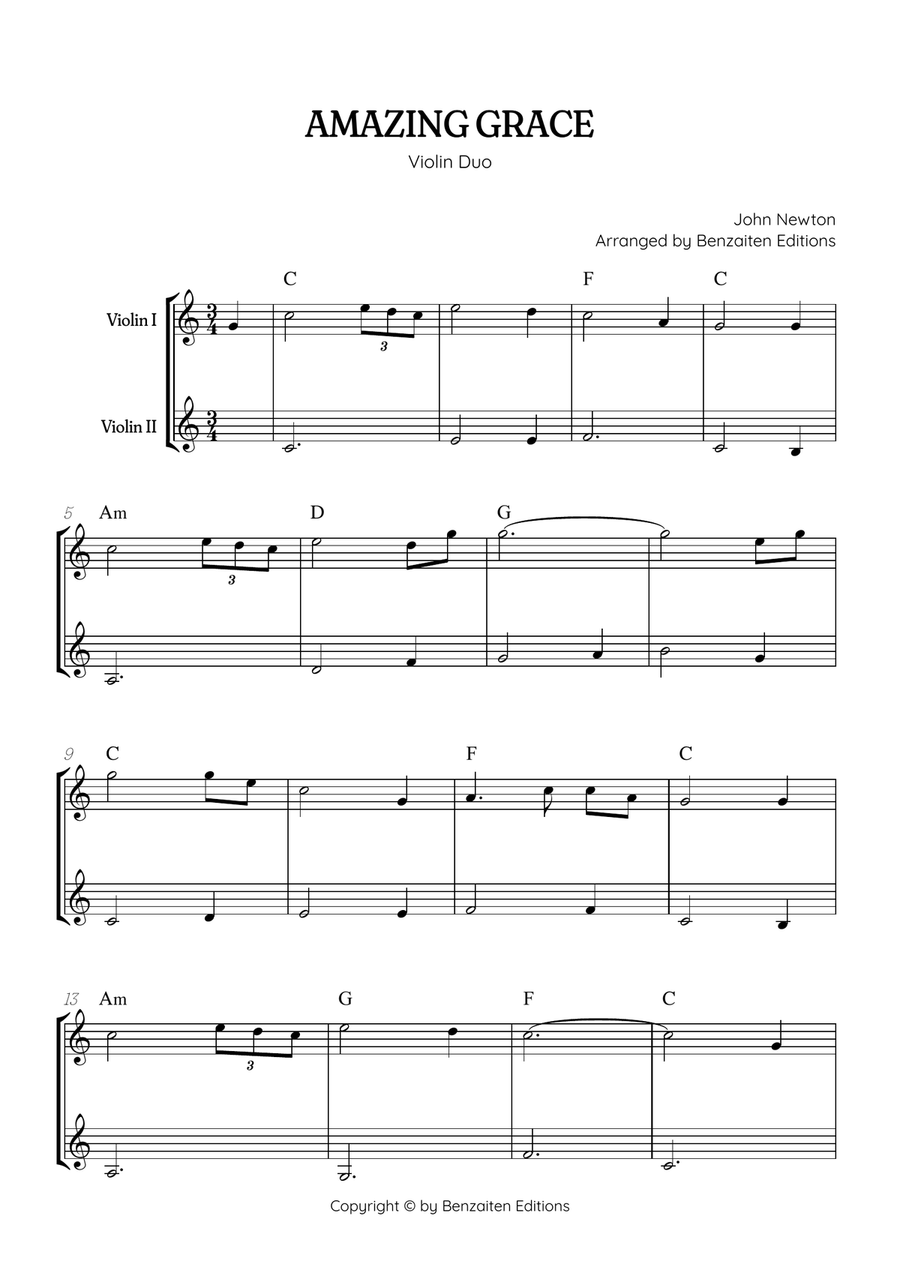 Amazing Grace • easy violin duet sheet music with chords by John Newton ...