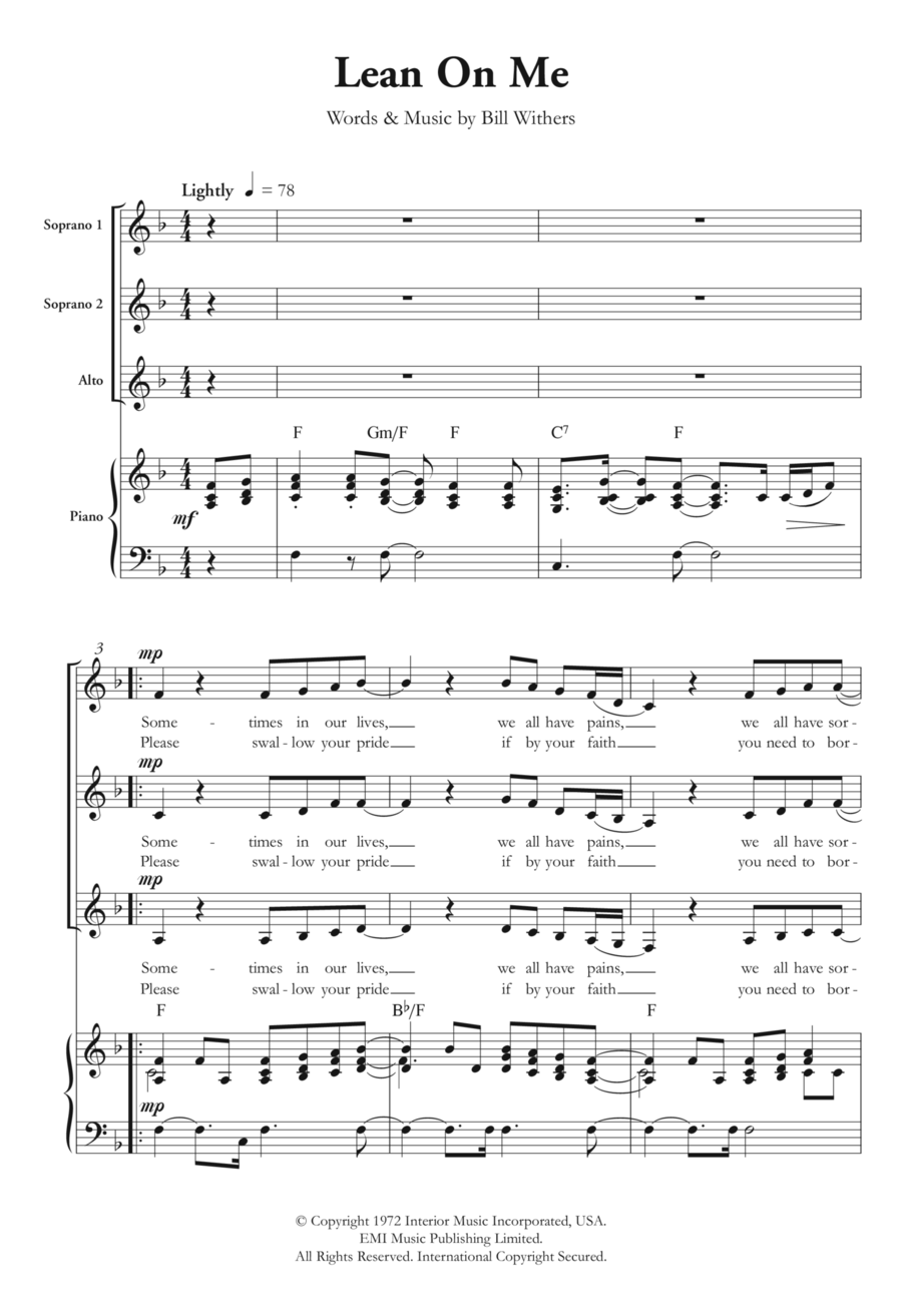 Lean On Me (arr. Berty Rice) by Bill Withers - SSA - Digital Sheet ...