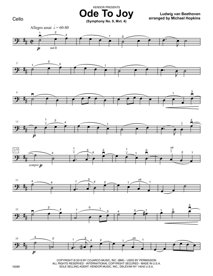 Ode To Joy Symphony No 9 Mvt 4 Cello By Ludwig Van Beethoven