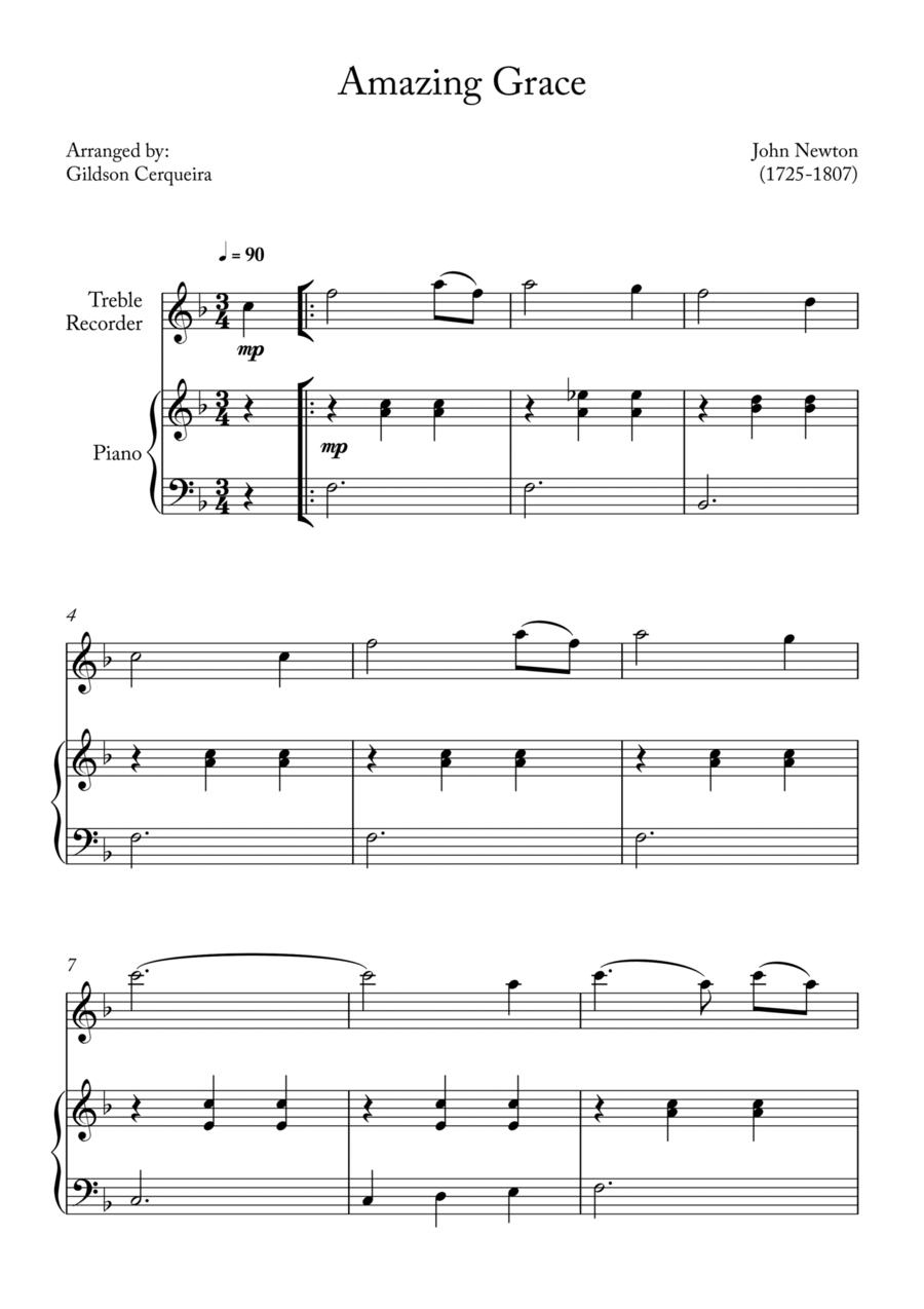 Amazing Grace by John Newton - Piano, Alto Recorder - Digital Sheet ...