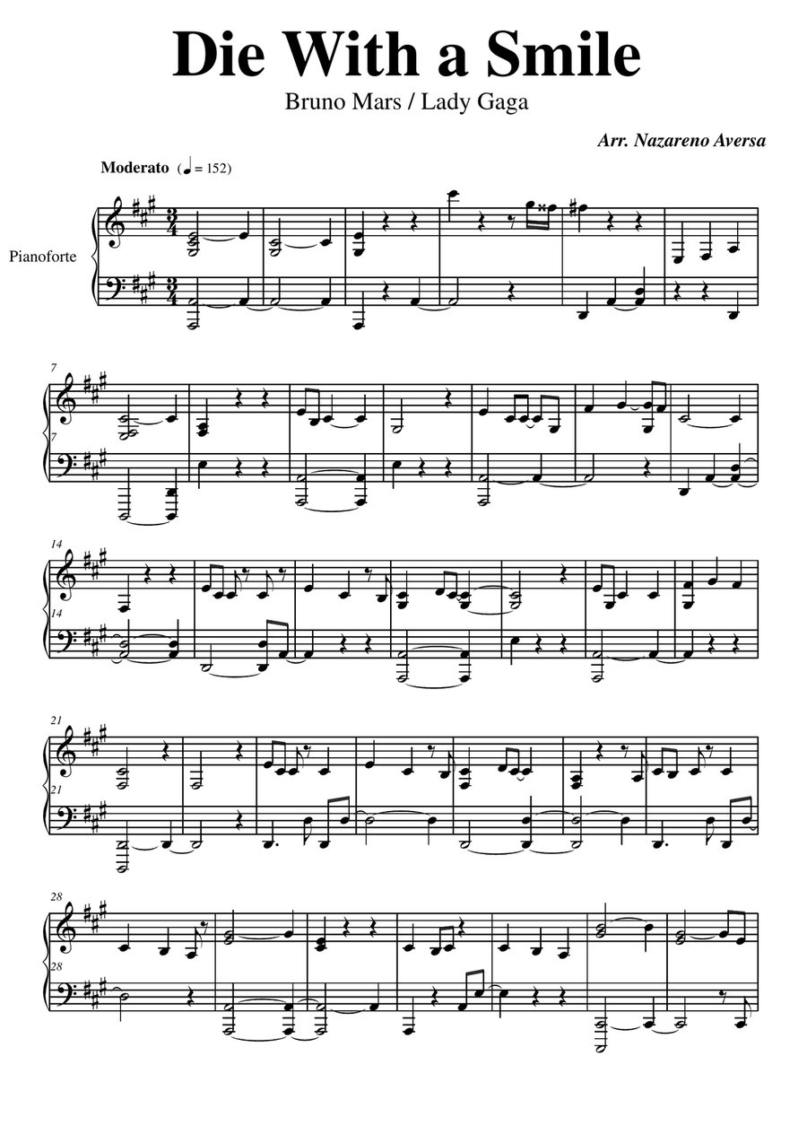 Die With A Smile by Stefani Germanotta - Piano Solo - Intermediate ...