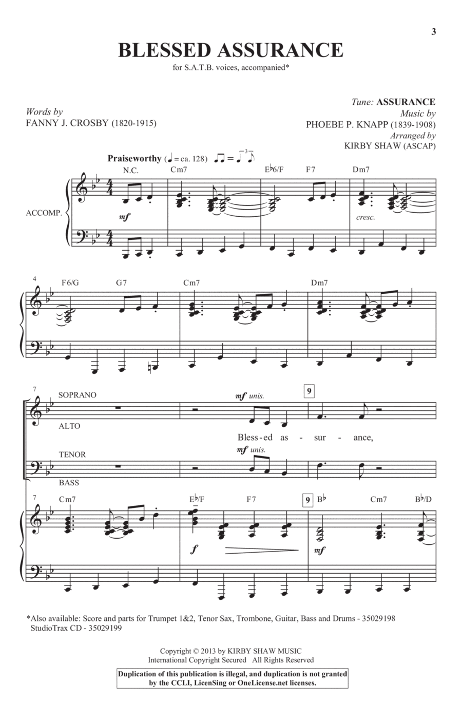 Blessed Assurance By Fanny J Crosby 4 Part Digital Sheet Music