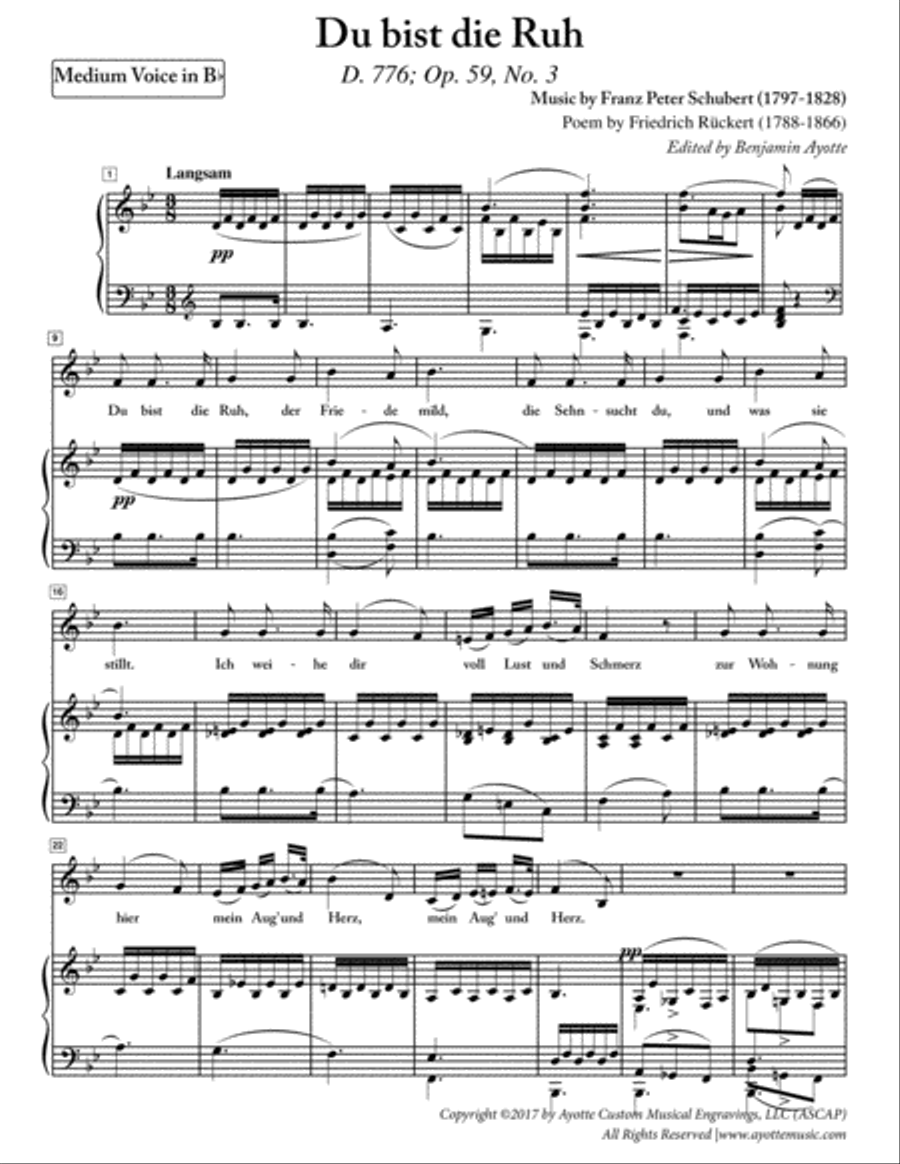 Schubert - Du bist die Ruh for Medium Voice in B-flat Major - Medium ...