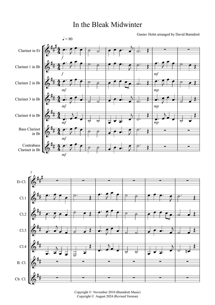 In The Bleak Midwinter for Clarinet Choir by Gustav Holst - Clarinet ...