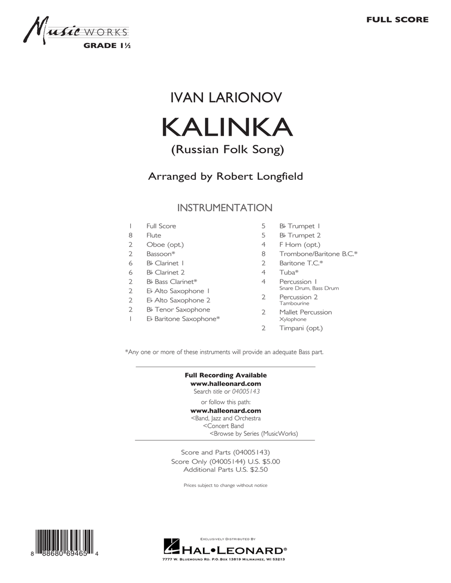Kalinka (Russian Folk Song) - Conductor Score (Full Score) by Robert ...
