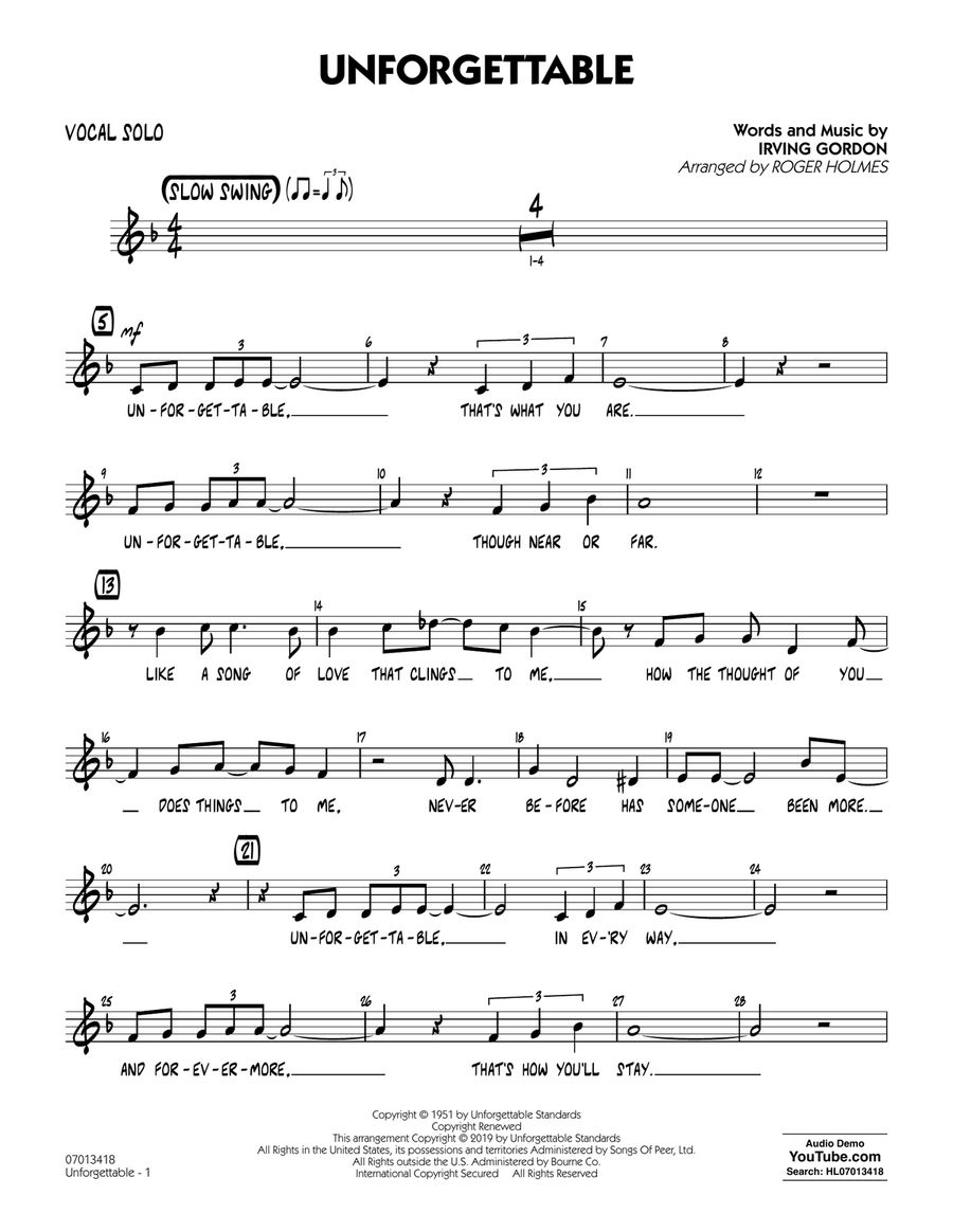 Unforgettable (arr. Roger Holmes) - Vocal Solo by Nat "King" Cole ...