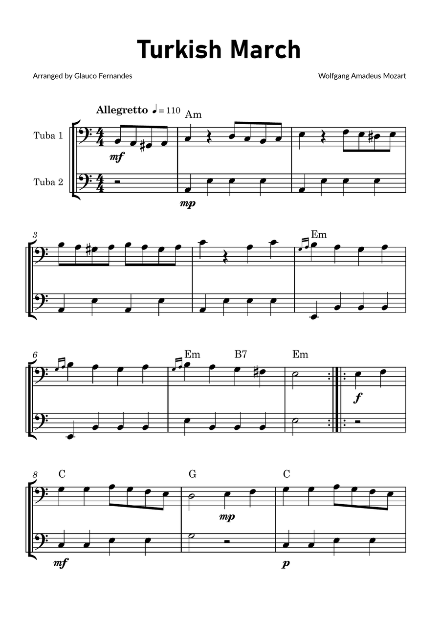 Turkish March by Mozart - Tuba Duet with Chord Notations by Wolfgang ...