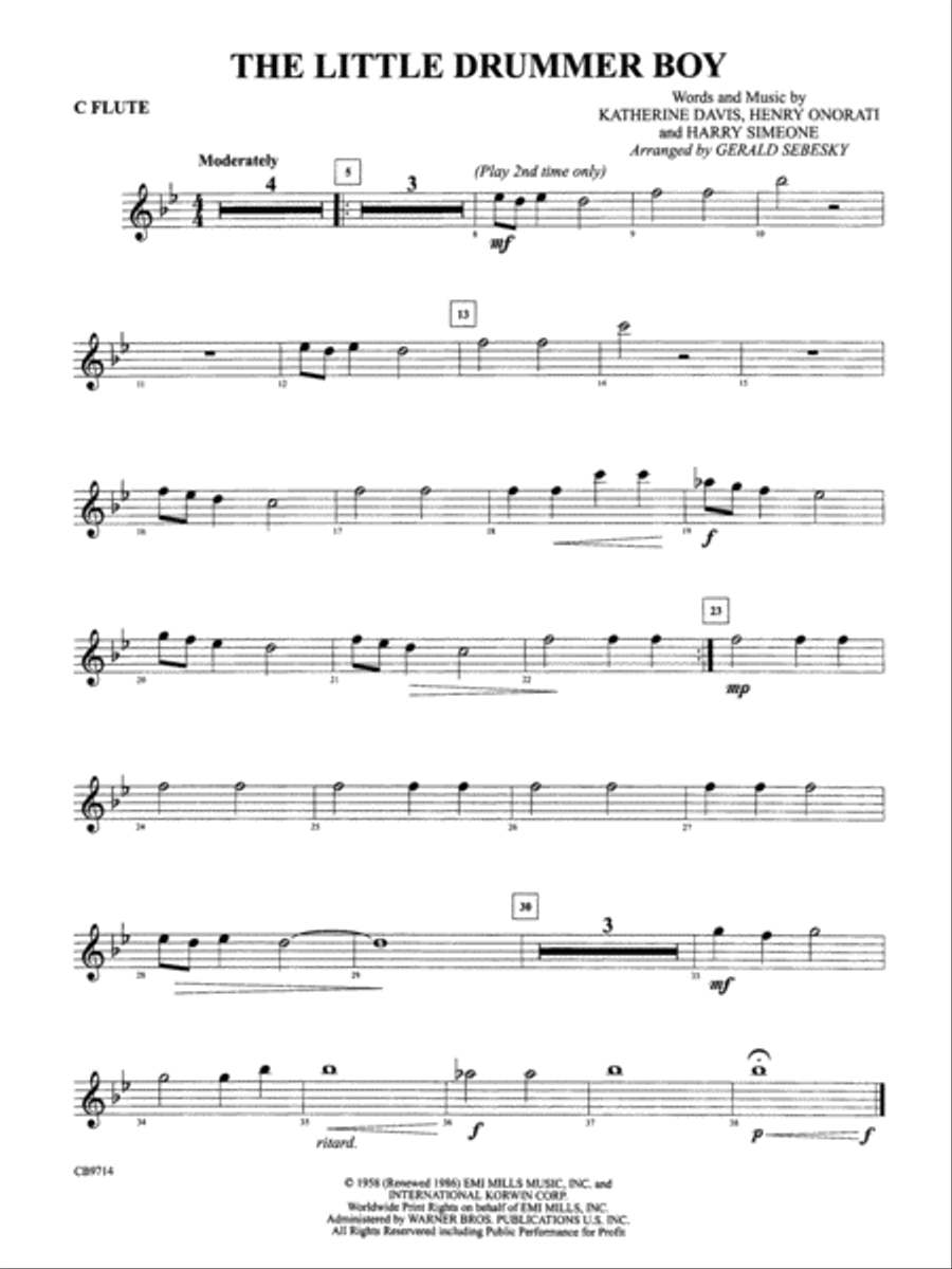 The Little Drummer Boy: Flute by Katherine K. Davis - Concert Band ...