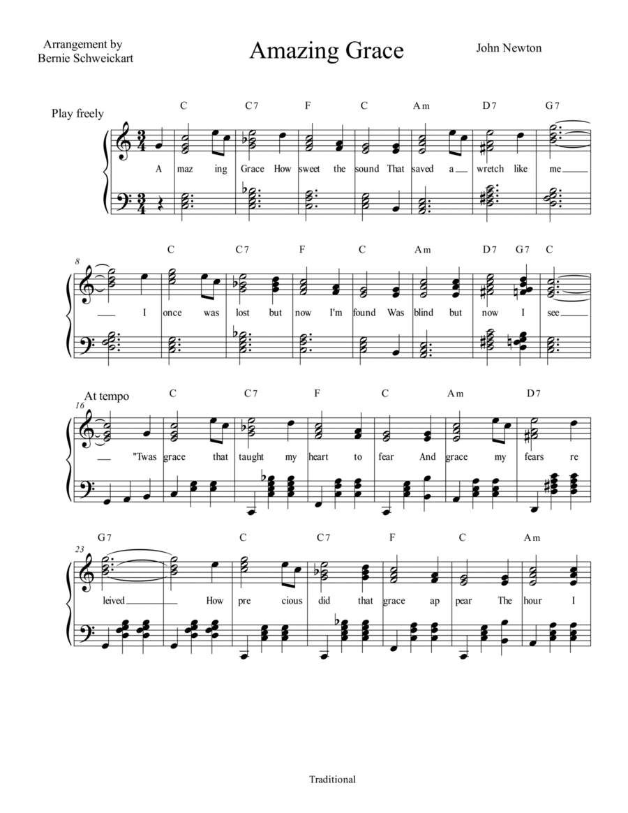 Amazing Grace (In C Major) by John Newton - Guitar, Voice, Piano, Vocal ...