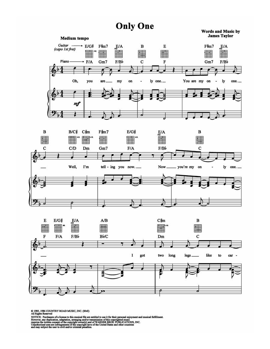 Only One by James Taylor - Voice, Piano, Vocal, Guitar - Digital Sheet ...
