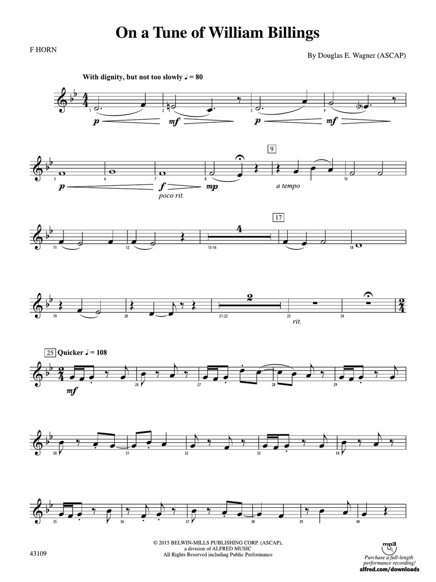 On a Tune of William Billings: 1st F Horn by Douglas E. Wagner ...