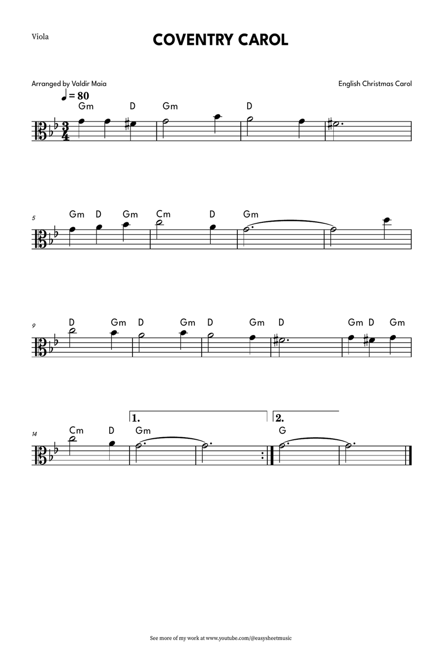 Coventry Carol for Viola Solo - Easy Level Sheet Music with Chords by ...