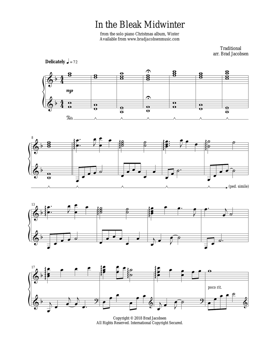In The Bleak Midwinter By Traditional Carol Piano Solo Digital