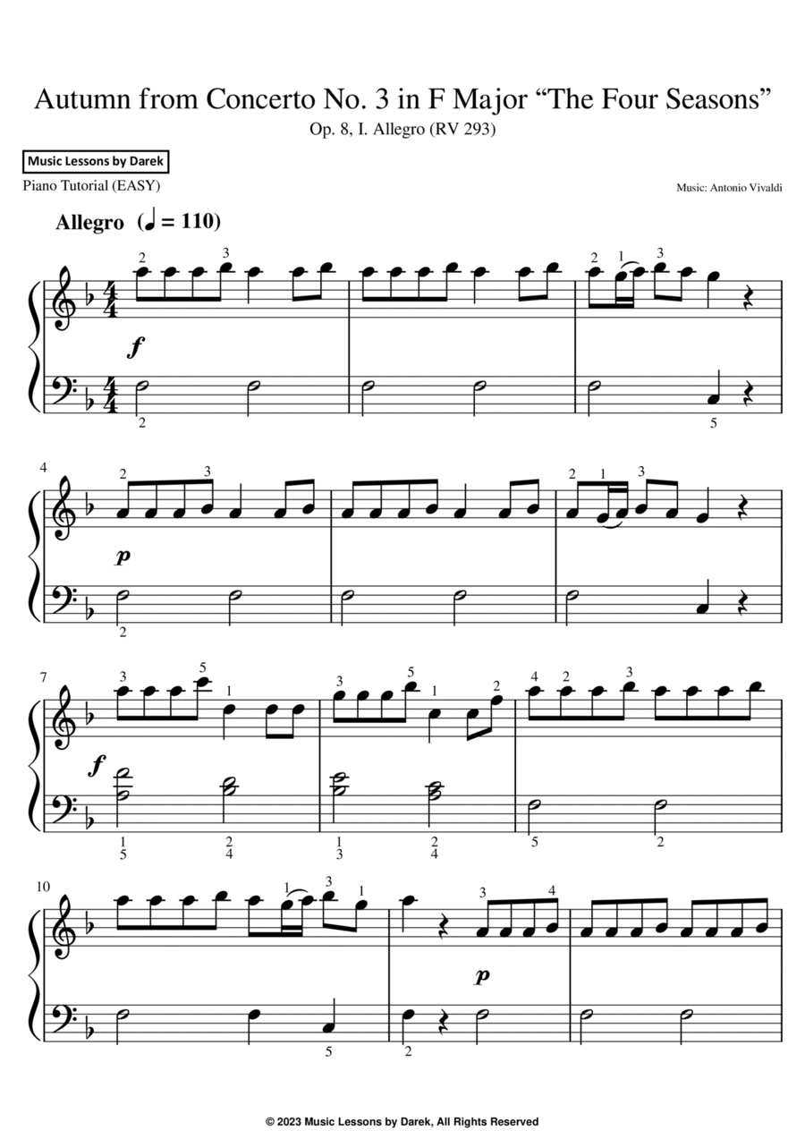 Autumn from Concerto No. 3 in F Major “The Four Seasons” (EASY PIANO ...