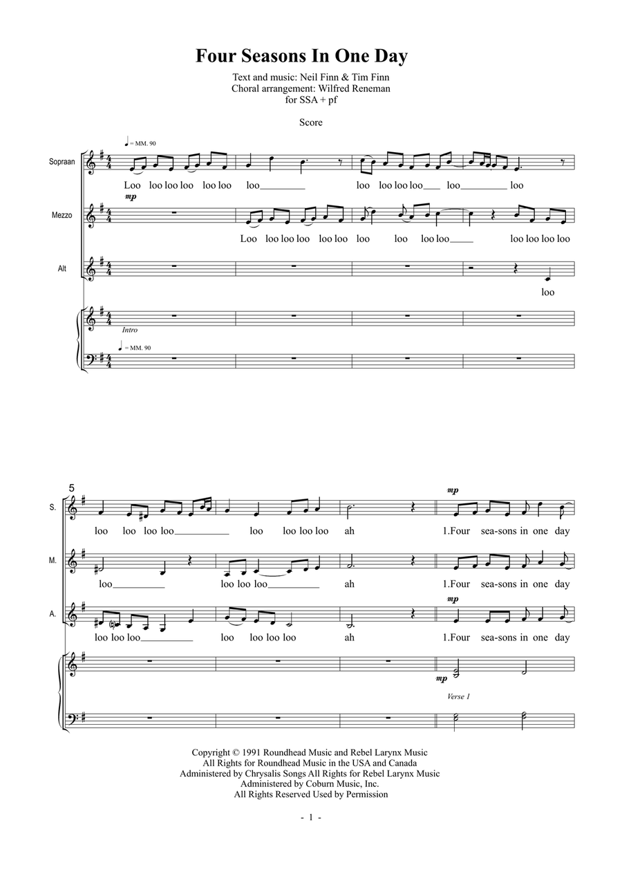 Four Seasons In One Day by Crowded House - Choir, SSA, 3-Part ...