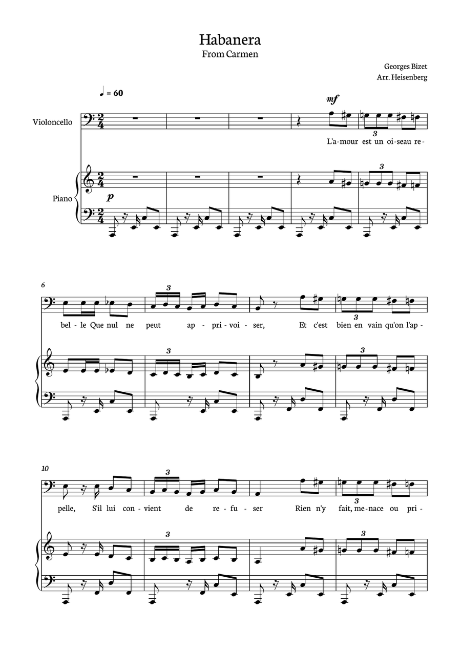 Habanera from Carmen for Cello with piano. by Georges Bizet - Piano ... Habanera from Carmen for Cello with piano. by Georges Bizet - Piano ...