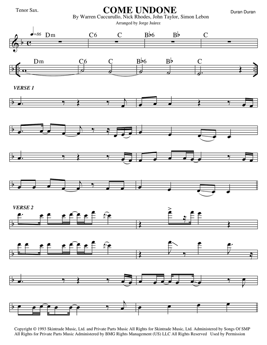 Come Undone by Duran Duran - Tenor Saxophone, Saxophone Solo ...