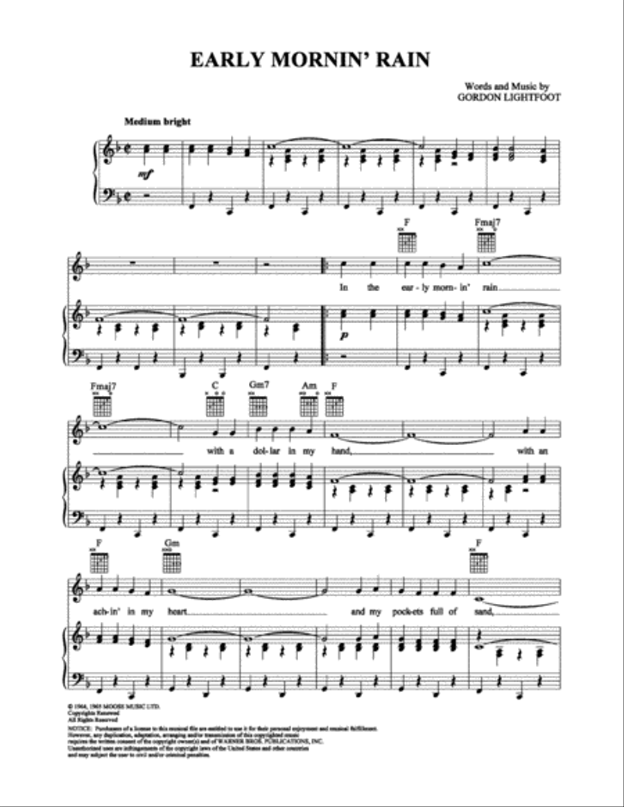 Early Mornin Rain By Gordon Lightfoot Piano Vocal Guitar Digital