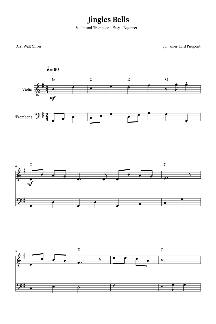 Jingle Bells for Violin and Trombone (Easy - Beginner) - Trombone ...