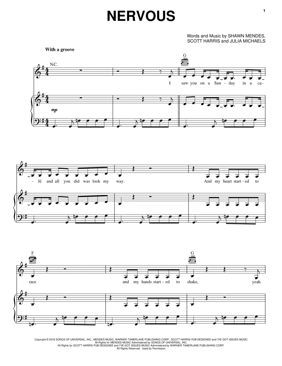 Nervous by Shawn Mendes - Piano, Vocal, Guitar - Digital Sheet Music ...