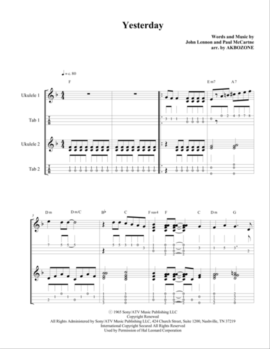 Yesterday by The Beatles - Ukulele - Digital Sheet Music | Sheet Music Plus