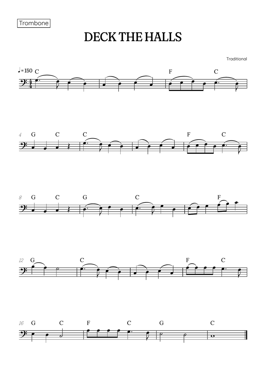 Deck the Halls for trombone • easy Christmas song sheet music with ...