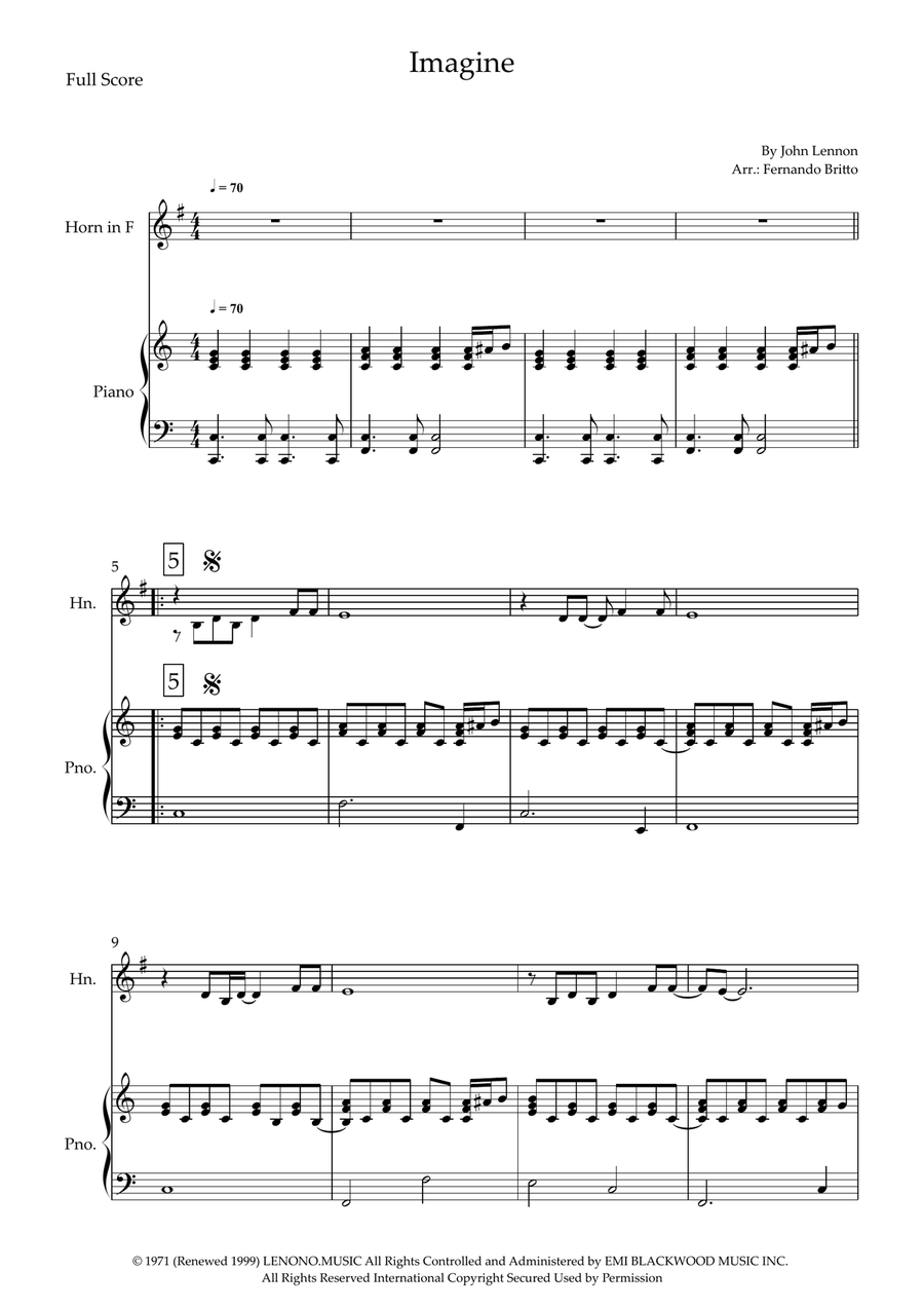 Imagine by John Lennon - Piano, Horn Solo - Late Intermediate Digital ...