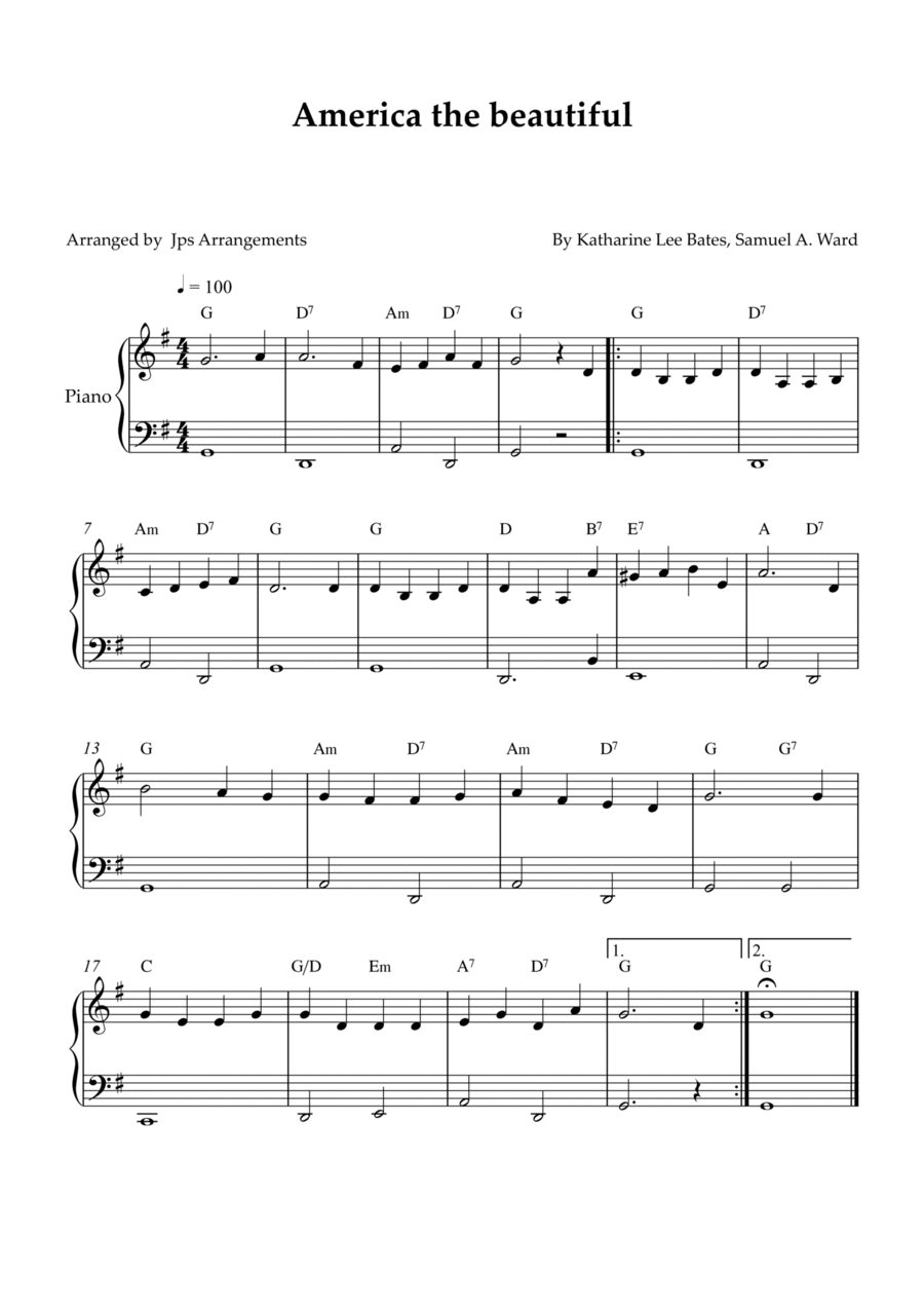 America The Beautiful - Piano solo (+ CHORDS) by Samuel Ward - Easy ...