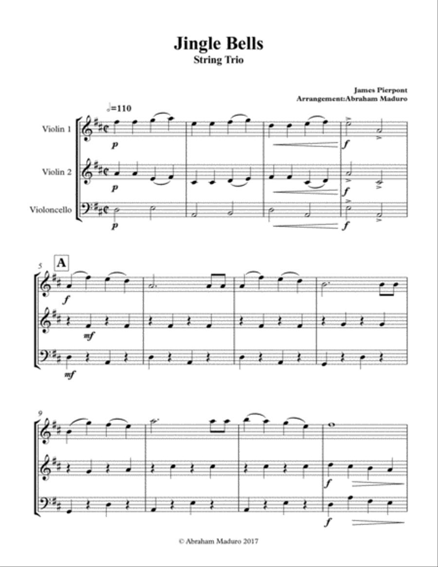 Jingle Bells Two Violins and Cello Trio by James Pierpont - Cello ...
