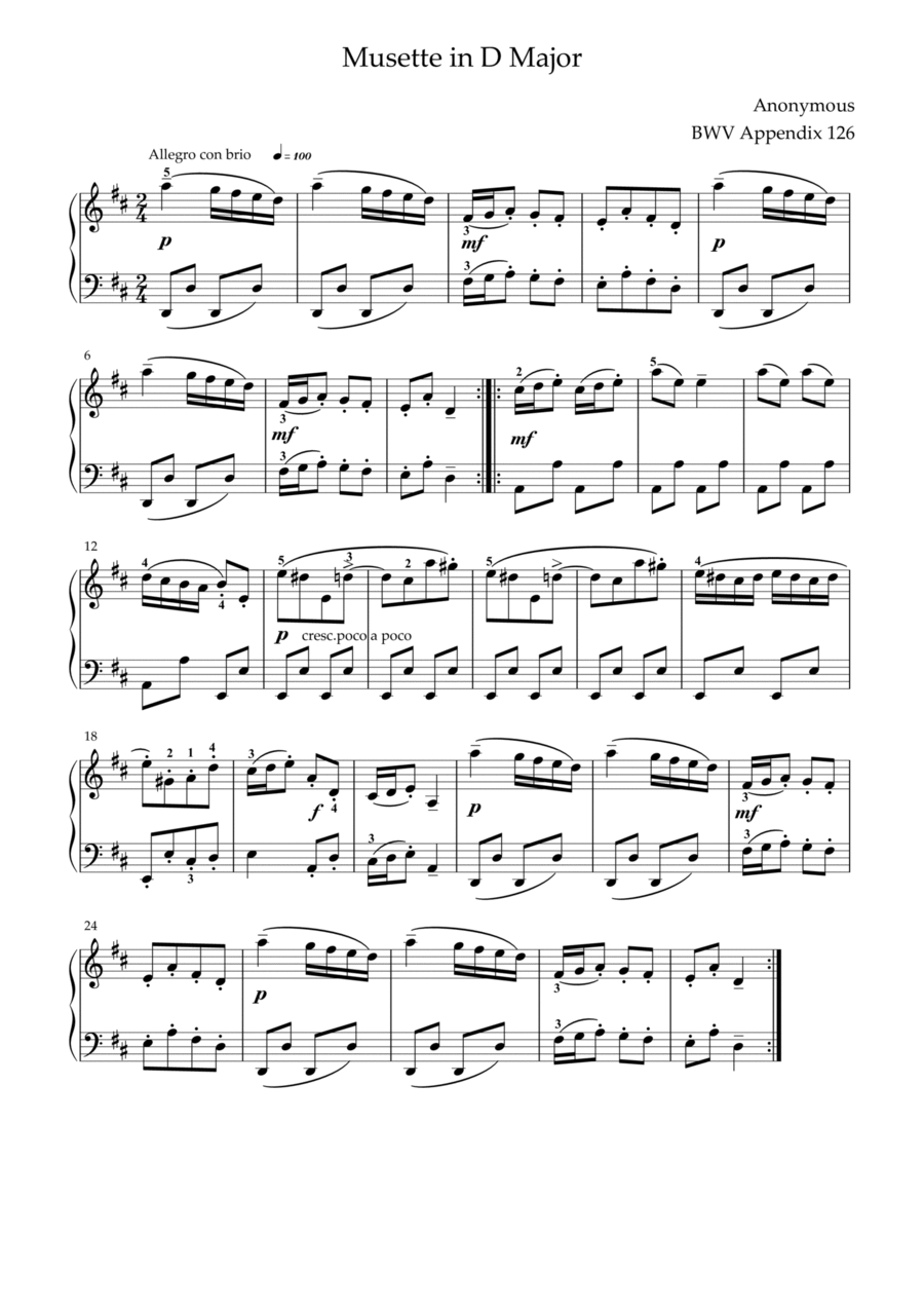 Bach : Musette in D Major - BWV Appendix 126 - Piano Solo - Digital ...