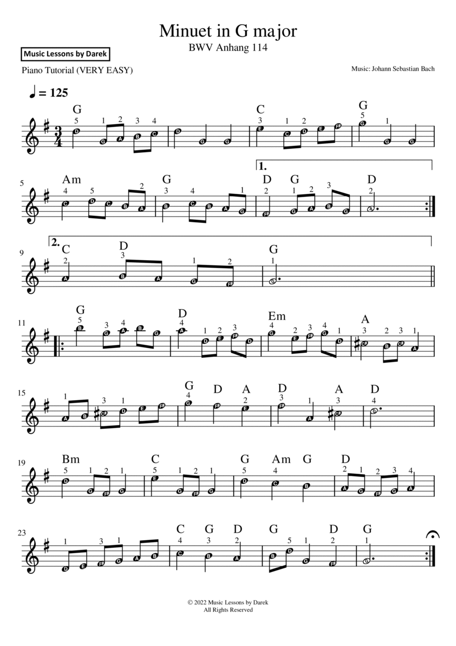 Minuet in G major (VERY EASY PIANO) BWV Anhang 114 [Johann Sebastian ...