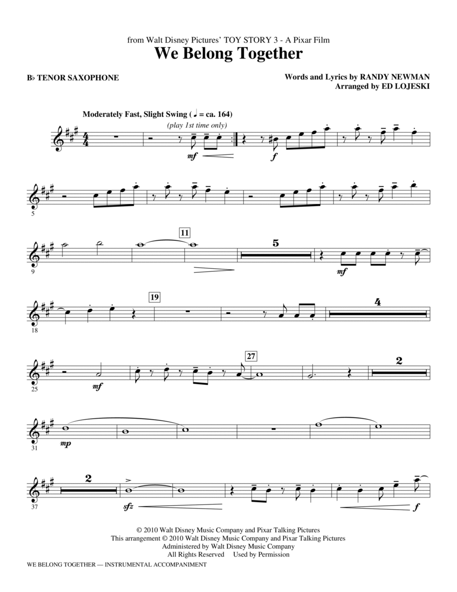 We Belong Together (from Toy Story 3) - Bb Tenor Saxophone by Randy ...