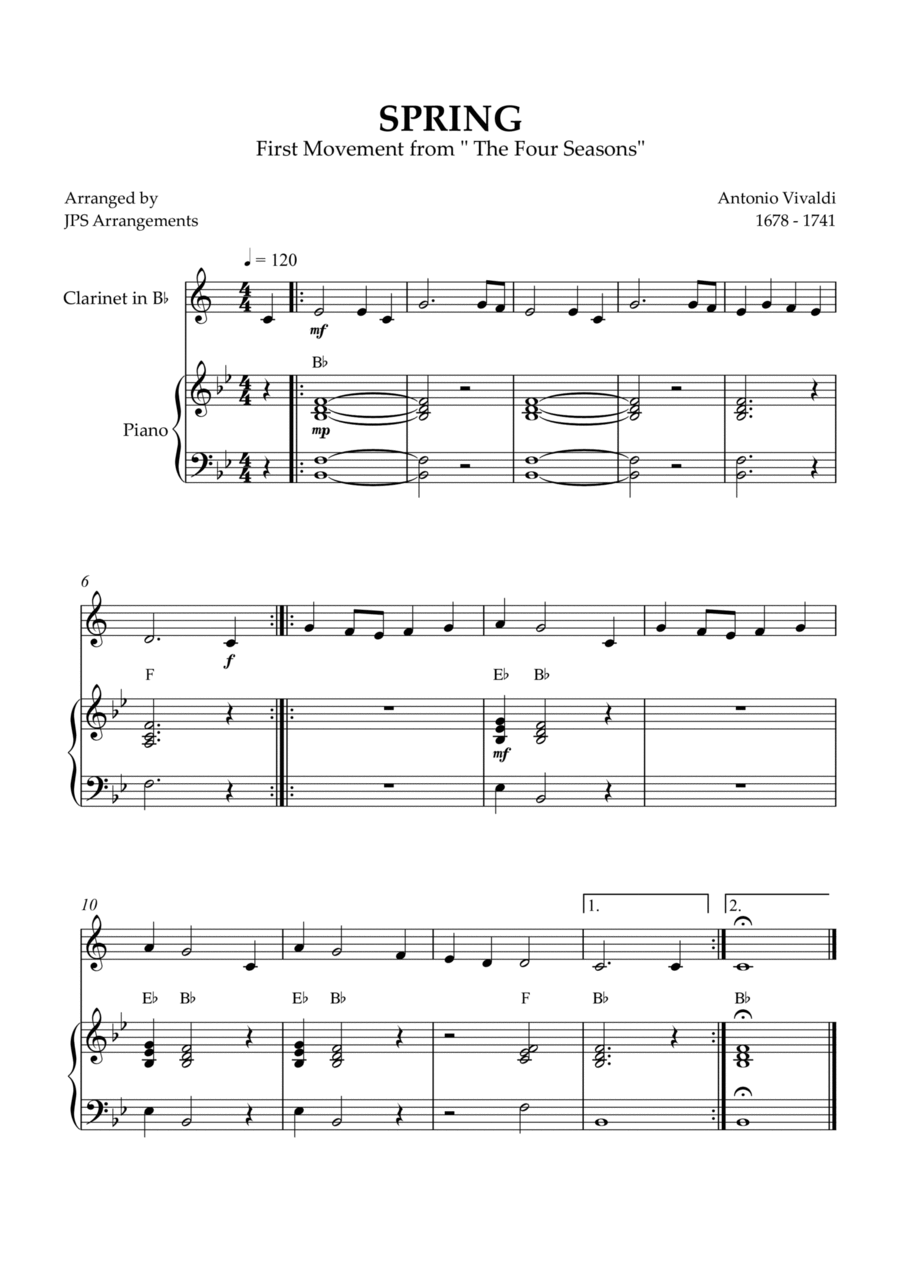 Spring - The Four Seasons for Clarinet and Piano (Bb Major with chords ...