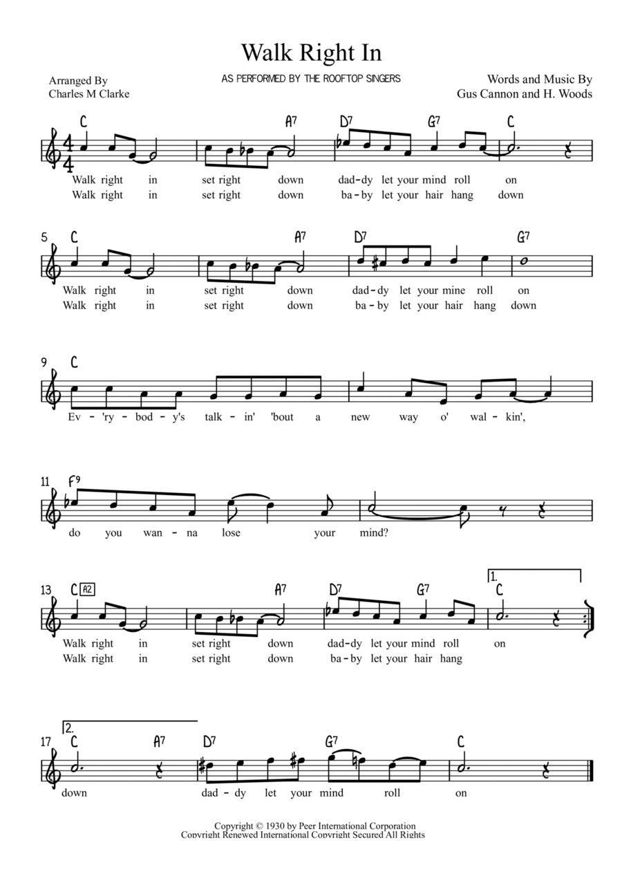 Walk Right In - Piano, C Instrument - Digital Sheet Music | Sheet Music ...