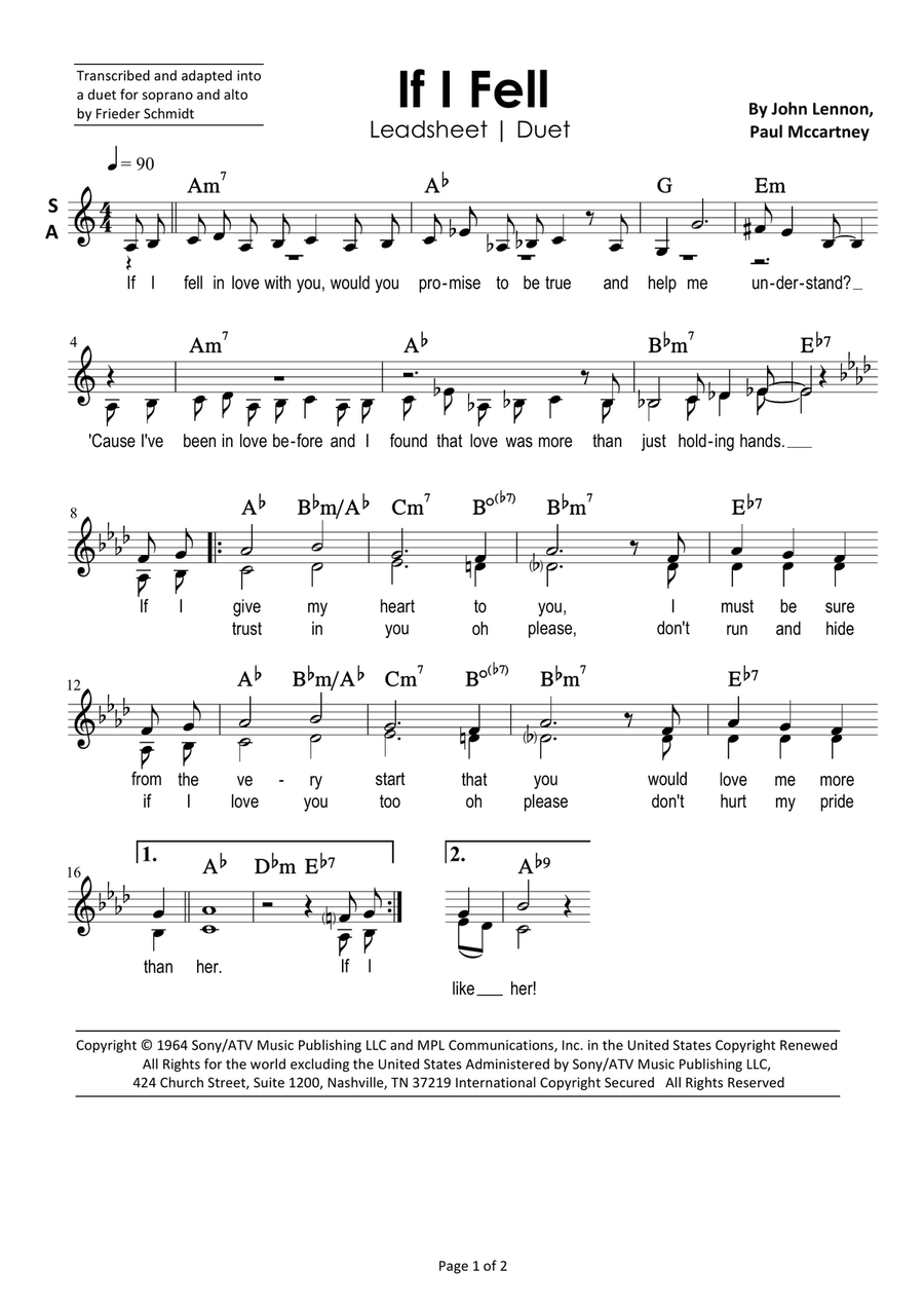 If I Fell by The Beatles - Choir, Piano, C Instrument - Early ...