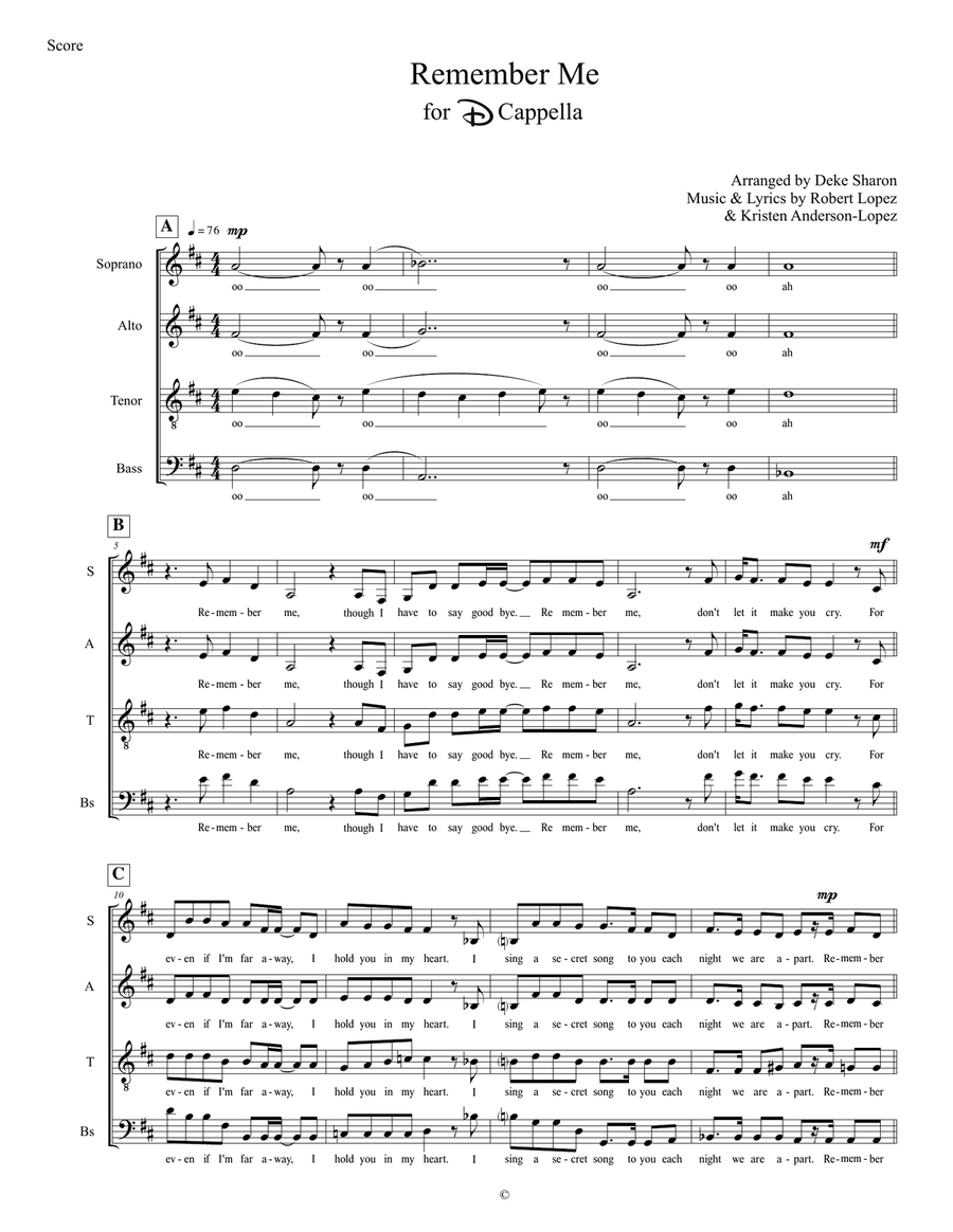 Remember Me Lullaby By Robert Lopez 4 Part Digital Sheet Music