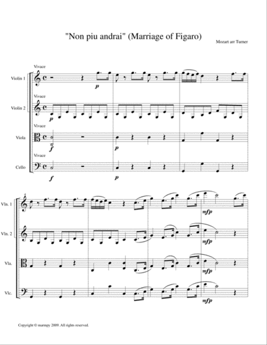 Non Piu Andrai from the Marriage of Figaro (arranged for String Quartet ...