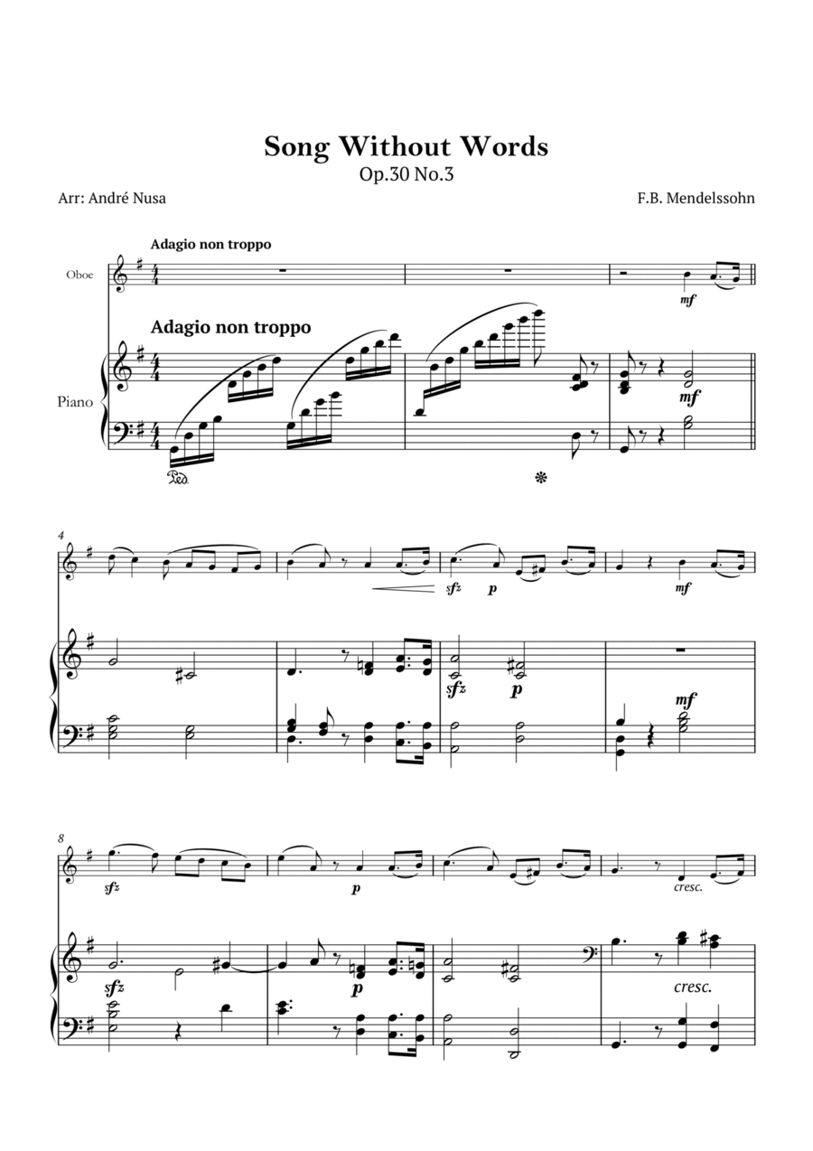 Song Without Words Op.30 No.3 - Piano, Oboe Solo - Intermediate Digital ...