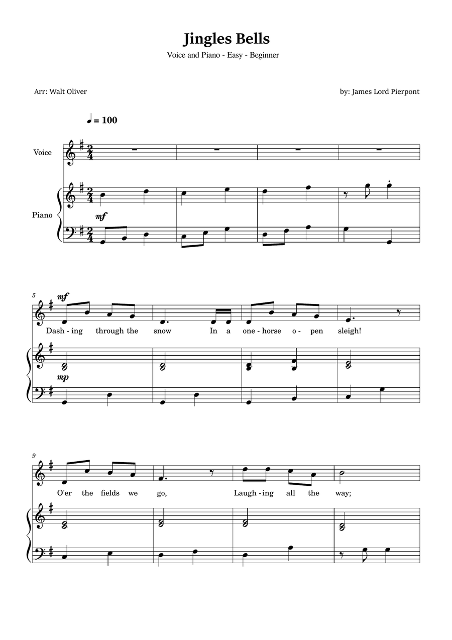 Jingle Bells for Voice and Piano (Easy - Beginner) - Piano ...