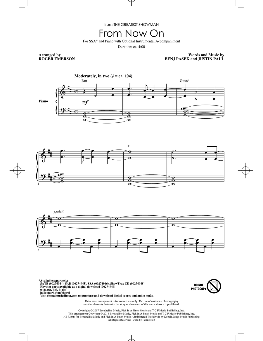 From Now On From The Greatest Showman Arr Roger Emerson By Roger