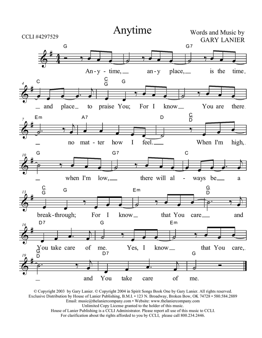 ANYTIME - Lead Sheet (Includes Melody, Lyrics & Chords) by Gary Lanier ...