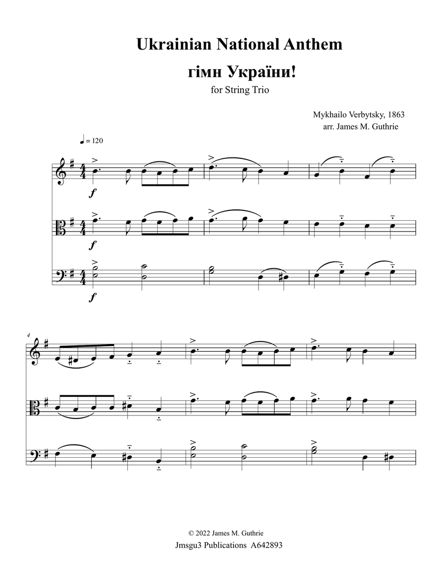 Ukrainian National Anthem for String Trio by James M. Guthrie - Cello ...