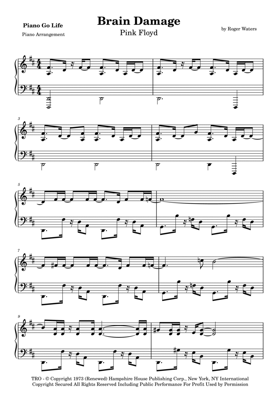 Brain Damage by Pink Floyd - Piano Solo - Digital Sheet Music | Sheet ...