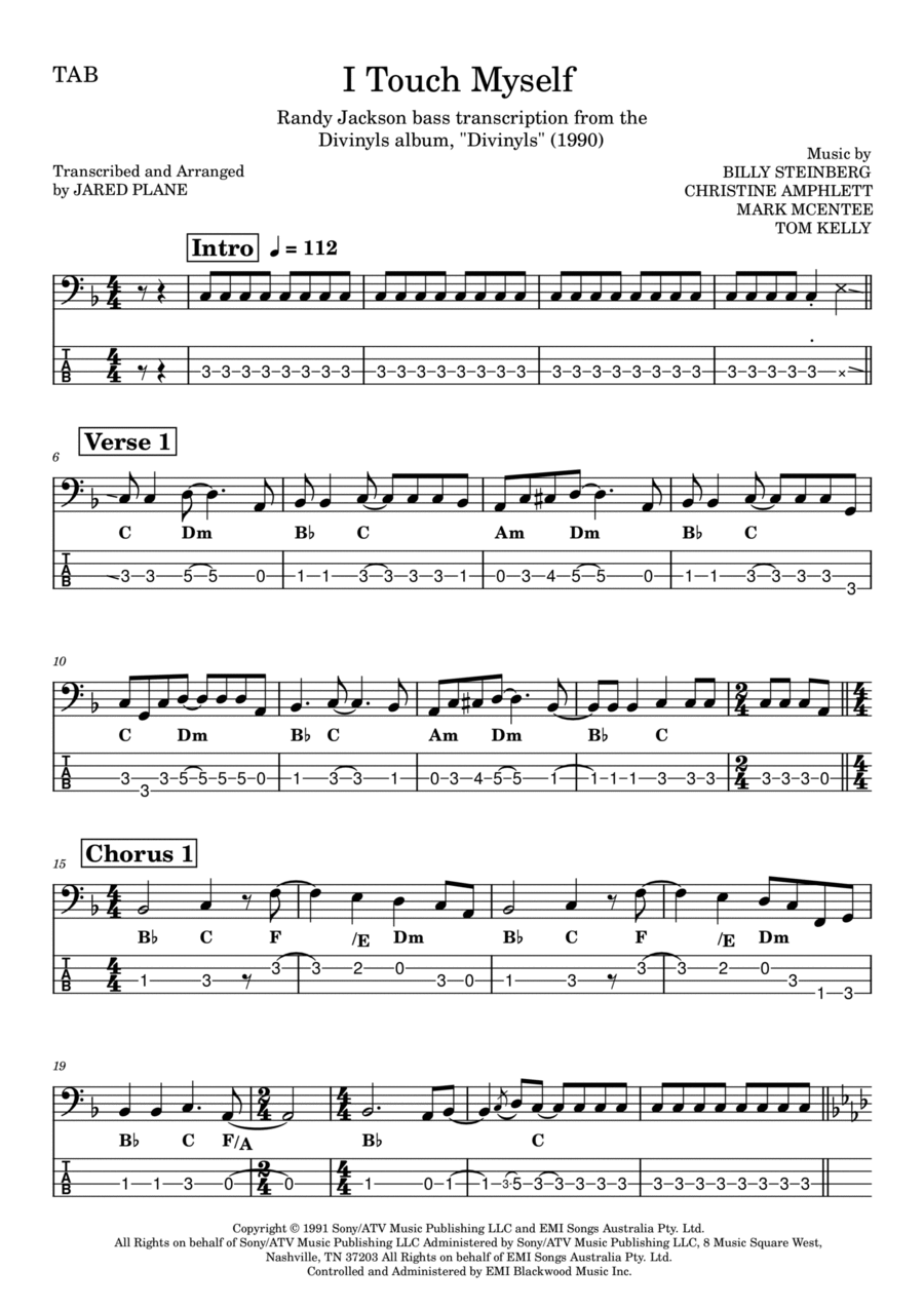 I Touch Myself by Tom Kelly - Guitar Tablature, Bass Guitar Tablature - Intermediate Digital ...